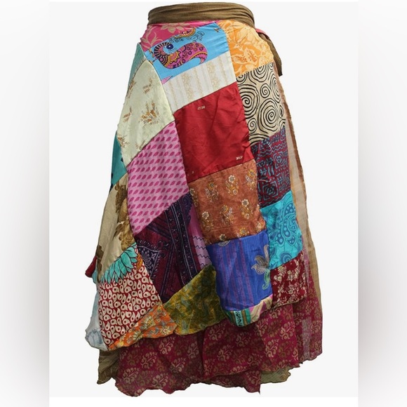 boutique | Skirts | Boutique Sari Silk Vintage Patchwork Wraparound ...